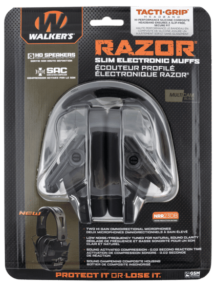 Walker's Razor TACTI-GRIP Series Slim Electronic Muffs - MultiCam Gray