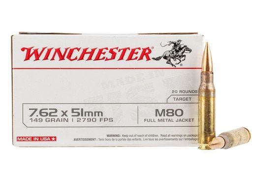 Winchester USA 7.62x51 NATO 149gr M80 FMJ Ammo - Box of 20